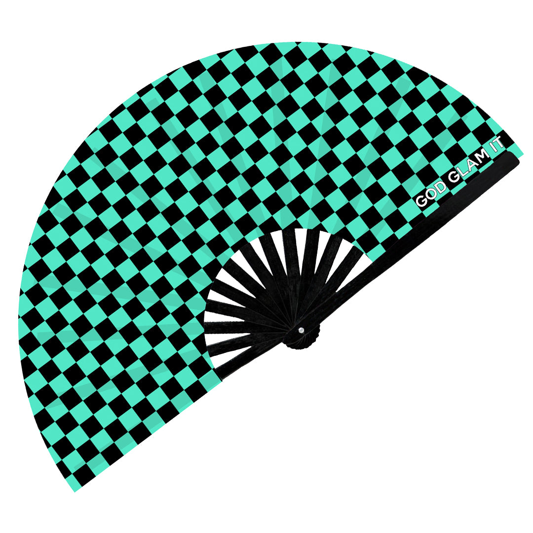 Green Checker UV EDM-RAVE Bamboo Hand Fan | God Glam It