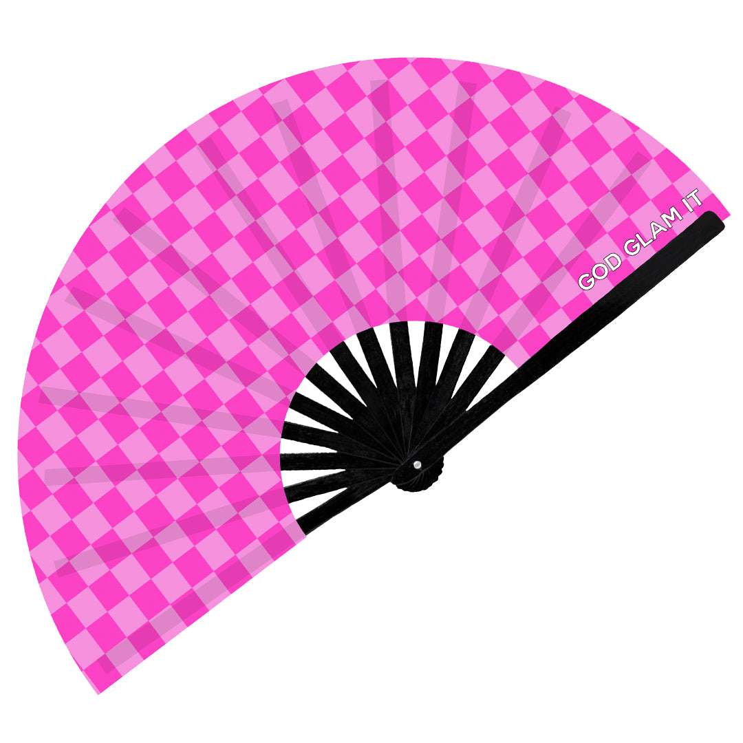 Pink Checker UV EDM-RAVE Bamboo Hand Fan | God Glam It